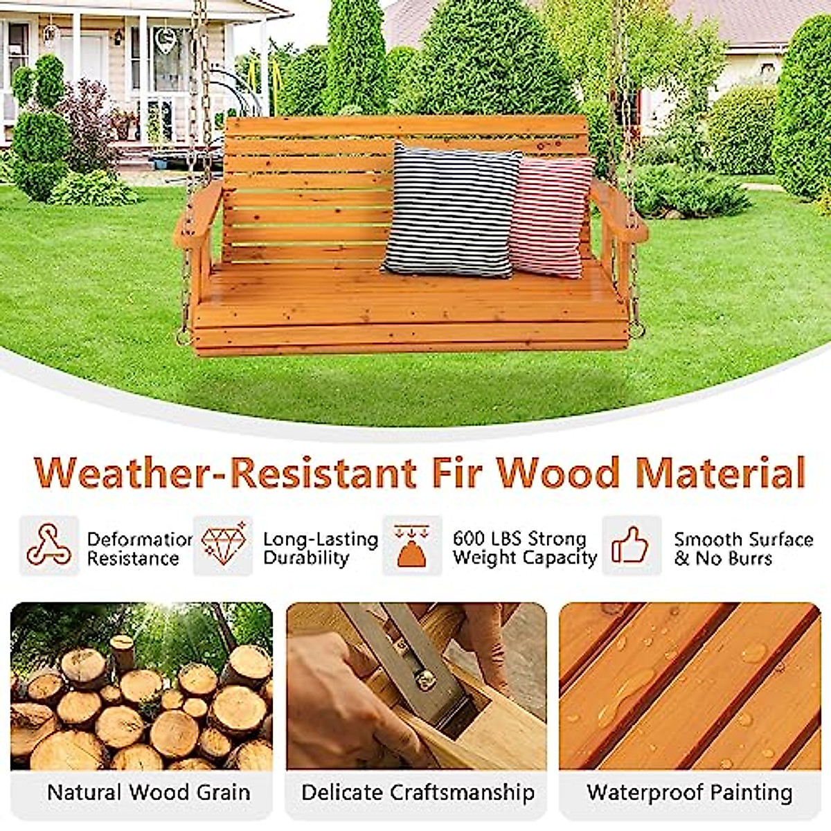 Tangkula 2 Person Hanging Porch Swing, Outdoor Bench Swing with Adjustable Chains, High Back, Cozy Armrests, Wooden Tree Swing Chair for Patio Backyard Deck Garden (Natural)