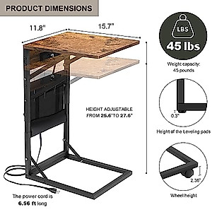 Youmechi C Shaped End Table with Charging Station, Side Tables Slide Under for Couch Sofa and Bed, Adjustable Height Small Side Table with Storage Bag and Wheels for Living Room Bedroom, Rustic Brown