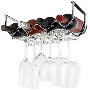 Wallniture Piccola Under Cabinet Wine Rack & Glasses Holder Kitchen Organization with 4 Bottle Organizer Metal Chrome