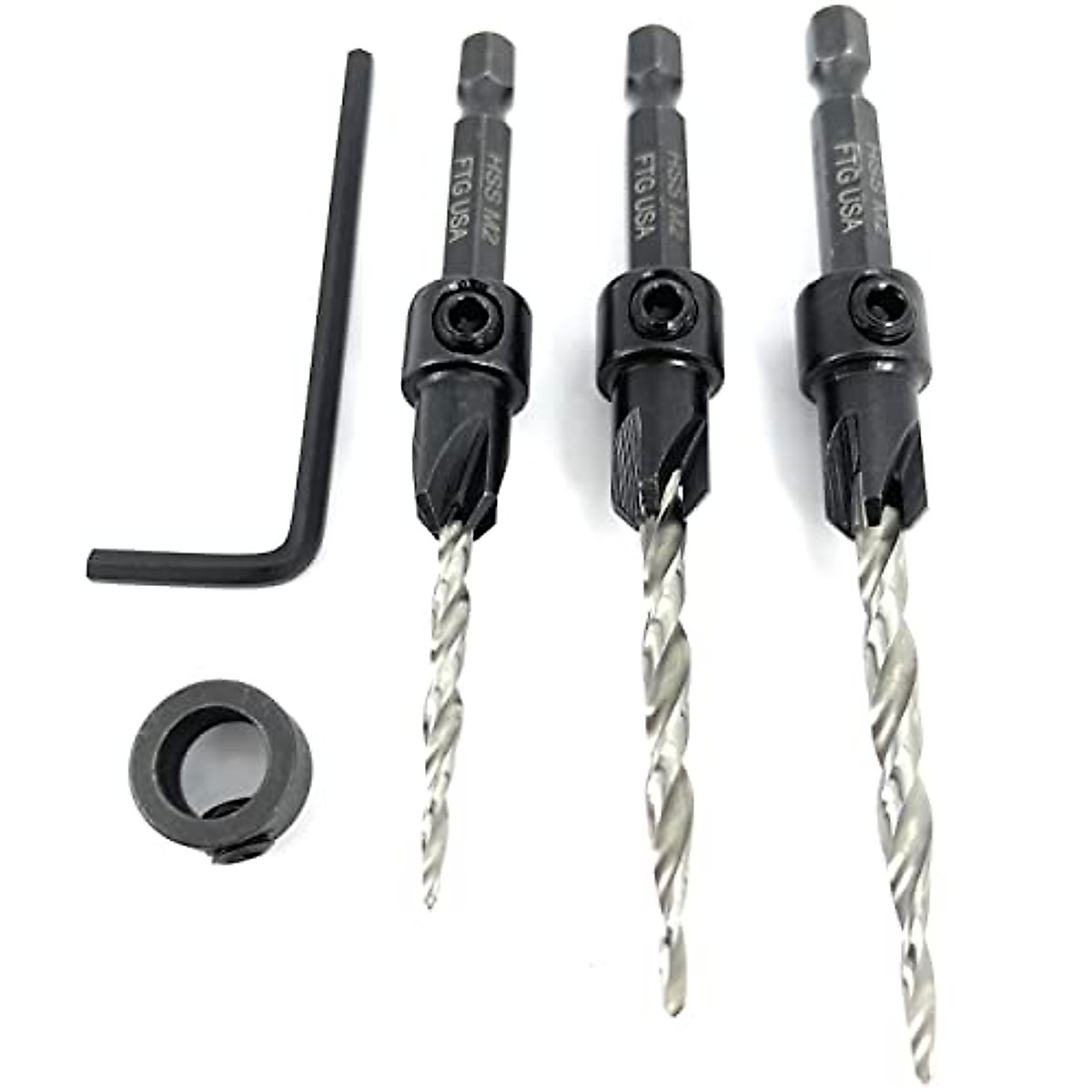 FTG USA Wood Countersink Drill Bit Set 3 Pc Countersink Drill Bit #6#8#10 Tapered Drill Bits with Improved Countersink Connection Drill Bit to Hex Shank Without Pin, 1 Stop Collar, 1 Allen Wrench