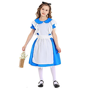 KFVZIU Girls Princess Costume Kids Halloween Costume Peter Pan Collar Blue Dress Princess Cosplay with White Apron Socks Hairband KF004XS