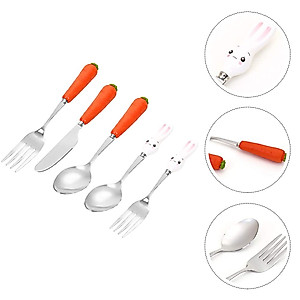 KESYOO 5PCS Stainless Steel Flatware Silverware Cutlery Set Easter Bunny Carrot Fork Spoon Eating Utensils Tableware with Ceramic Handle for Kids Home
