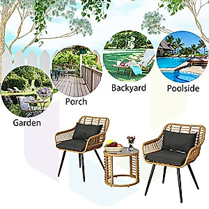 Furnivilla Patio Porch Furniture Sets 3 Pieces PE Rattan Wicker Chairs with Tempered Glass Table for Backyard Garden Porch (Beige/Black)