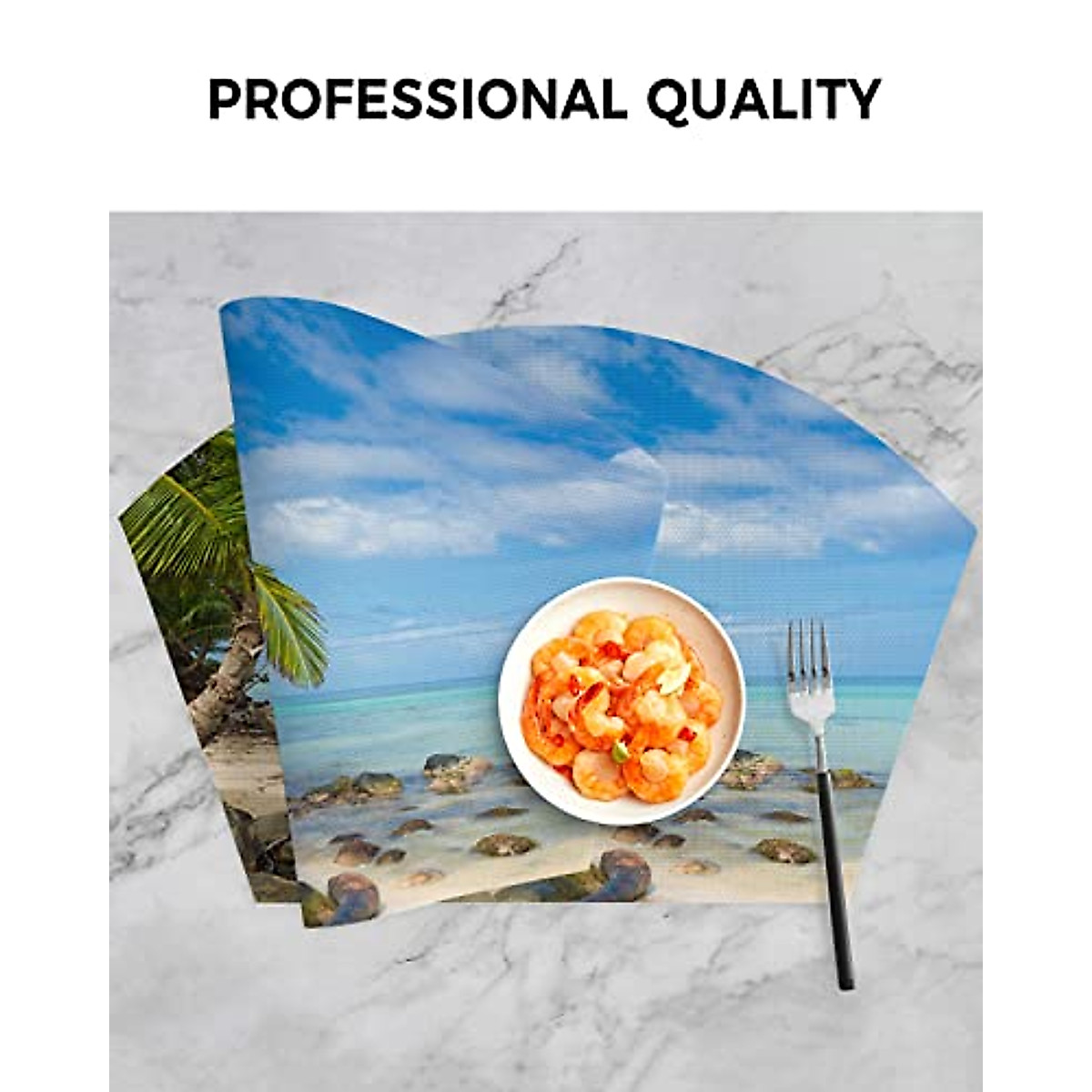 Placemats Set of 5,Palm Tree Beach Sea Cloud Blue Sky Island Reef Stone Indoor Outdoor PVC Weave Place Mats Wipeable Dining Table Placemats Heat Insulation Table Mats