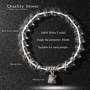 KS-WORKSHOP 8MM Stretch Bracelet for Women Handmade Beads Chain Quality Natural Stone White Crystal Beaded Girls Charm Dancing Lion Pendant Semi-Precious Gemstone Perfect Valentine's Gift Birthday
