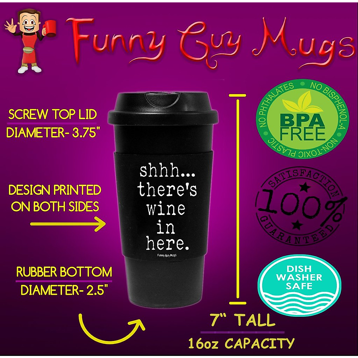 Funny Guy Mugs Shhh There's Wine In Here Travel Travel Tumbler With Removable Insulated Silicone Sleeve, Black, 16-Ounce