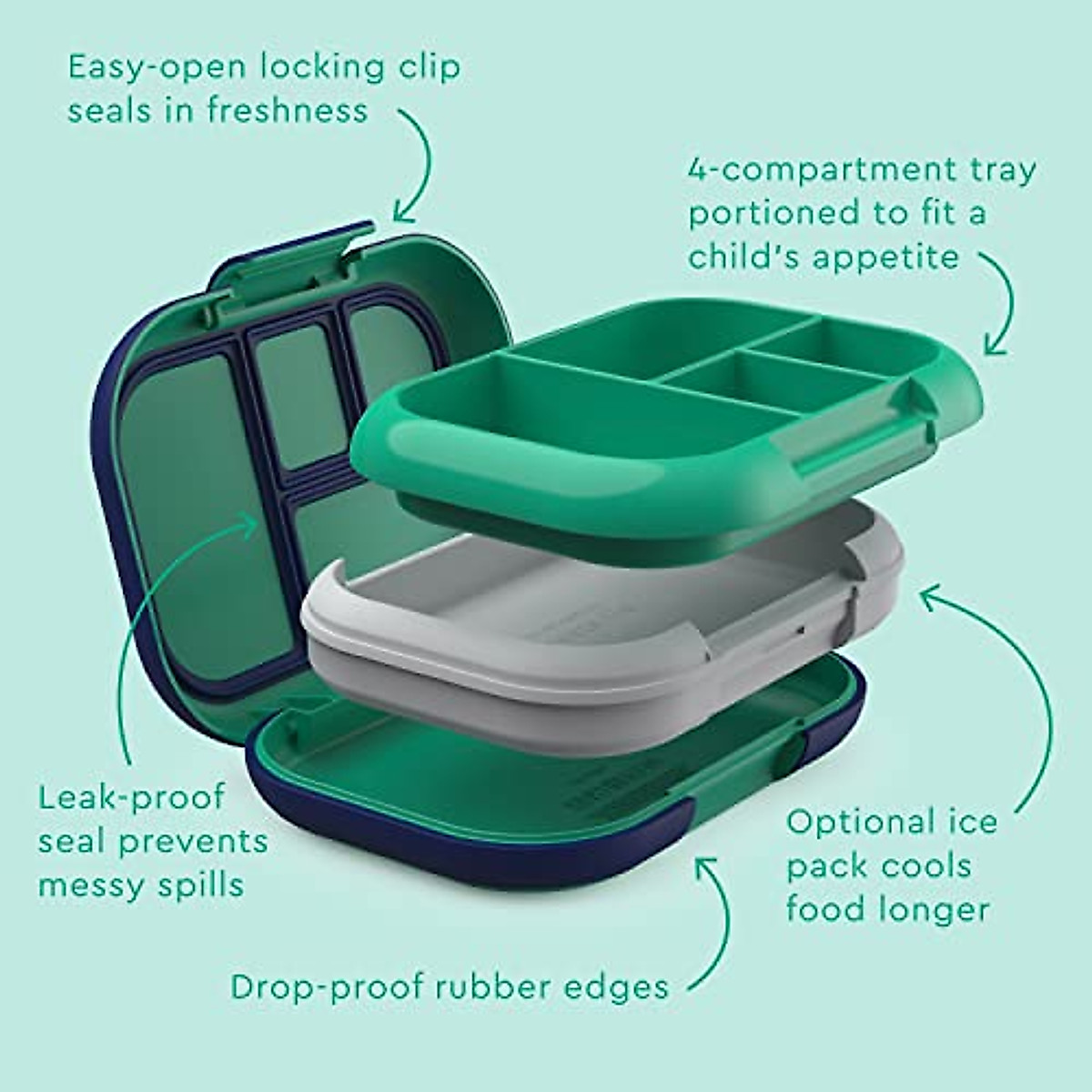 Bentgo® Kids Chill Lunch Box - Bento-Style Lunch Solution with 4 Compartments and Removable Ice Pack for Meals and Snacks On-the-Go - Leak-Proof, Dishwasher Safe, Patented Design (Green/Navy)