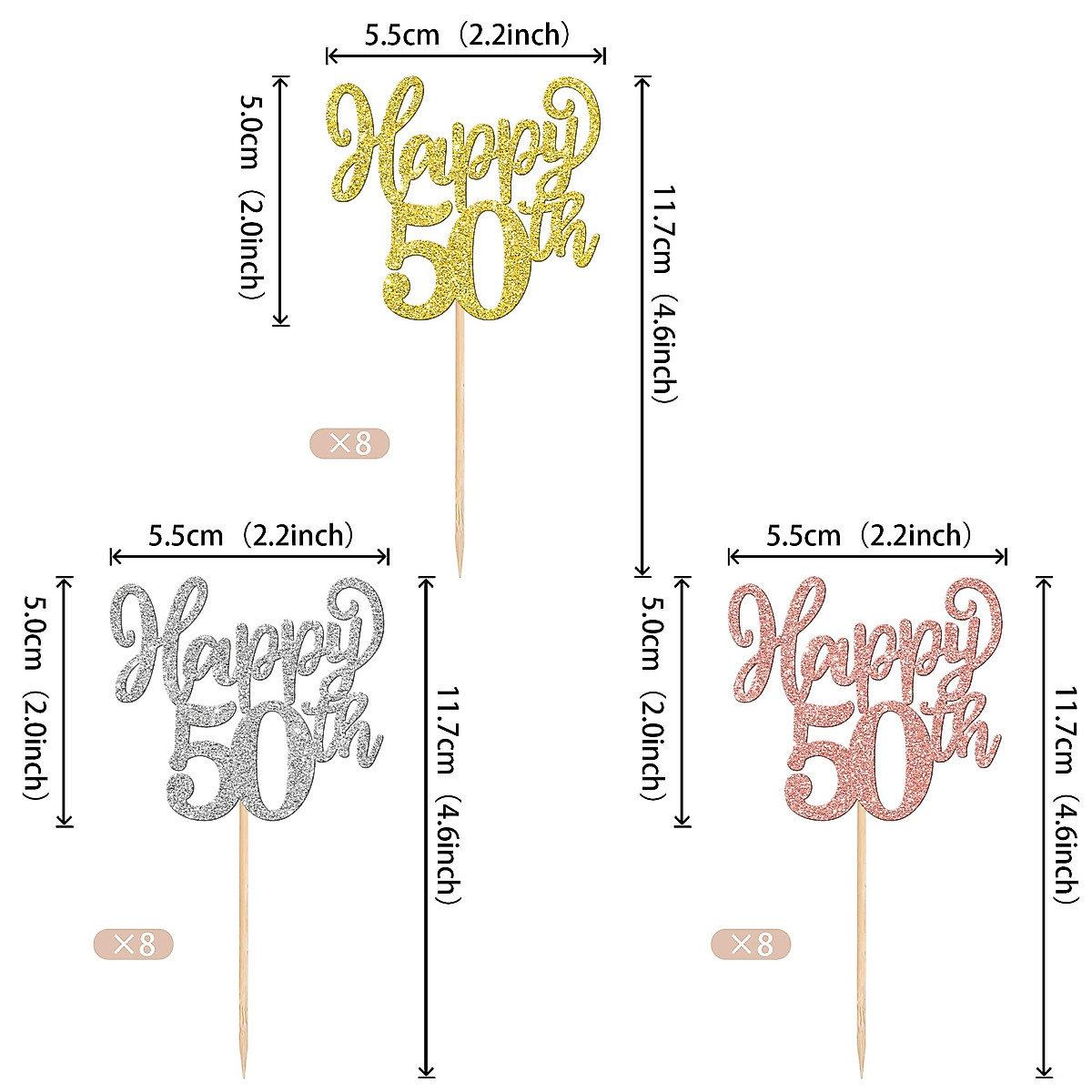 24PCS Happy 50th Cupcake Toppers Gold Rose Gold Silver Glitter Fifty Cheers to 50 Cupcake Picks 50 Fabulous Number 50 Birthday Cake Decorations for 50th Birthday Wedding Anniversary Party Supplies