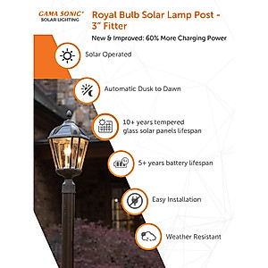 Gama Sonic Outdoor Solar Lamp Post Light, Weathered Bronze Finish Aluminum, Royal Bulb, Beveled Glass, 3-inch Fitter for Lamp Posts, 98B312, Upgraded