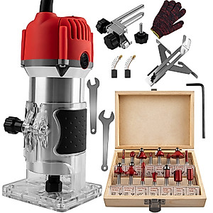 Compact Wood Router Tool 110V Electric Hand Woodworking Trimmer Palm Router kit with Gloves 15 PCS Router Bits (800W)