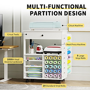 Pipleo Rolling Craft Cart for Cricut Machines, Craft Organizer and Storage Table with Vinyl Roll Holder, Built-in Outlet and Drawer, Crafting Cabinet Workstation Tools Holder for Craft Room