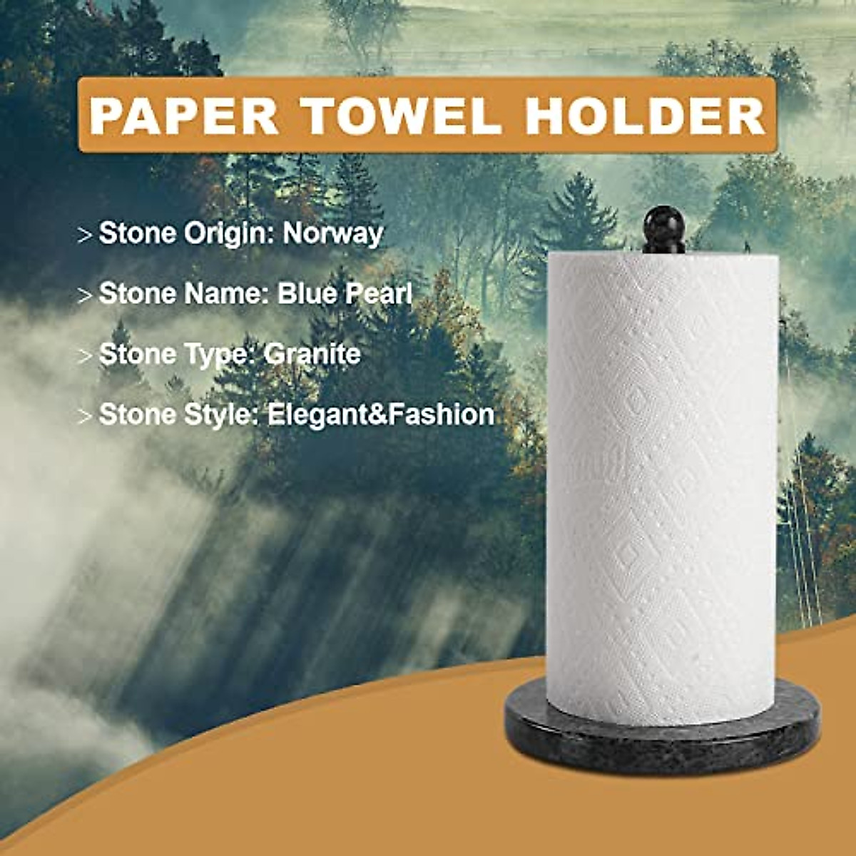 Koville Luxury Norwegian Granite Paper Towel Holder Countertop, Stone Rod Paper Towel Holder Stand for Kitchen Organization/Storage, Fit for Standard or Jumbo-Sized Rolls(Blue Pearl)