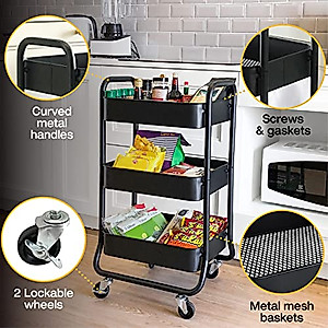 HOMESTEAD 3-Tier Rolling Cart - Heavy Duty Metal Rolling Cart, Lockable Casters, Multifunctional Storage Shelves - Great for Kitchen, Office, Bathroom, Laundry Room (Black)