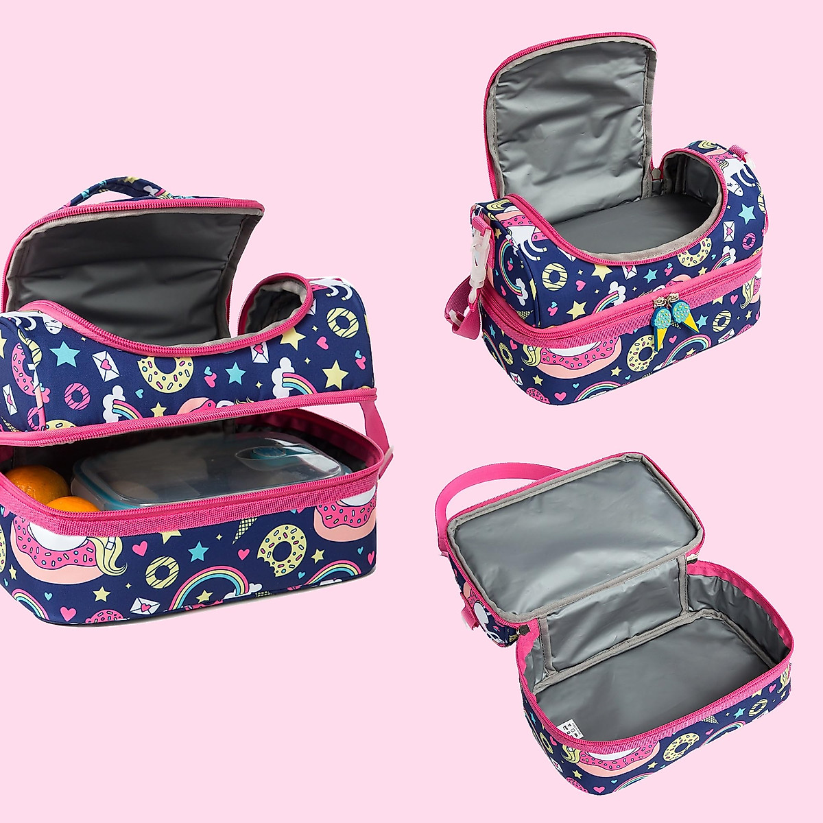 Life on track Insulated Kids Double Decker Lunch Bag Tote Pack for Girls Boys Toddler School Picnic Food Cooler Hot Water Ice with Strap (Blue Unicorn)