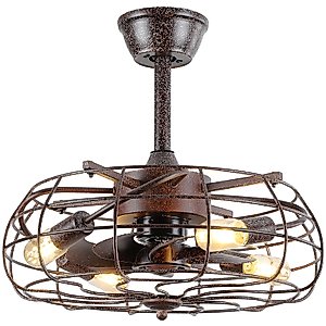 Asyko 20'' Caged Ceiling Fans with Lights, Farmhouse Bladeless Ceiling Fan with Remote Control, Rustic Vintage Industrial Ceiling Fan Light Kit for Indoor/Outdoor, Rust Color
