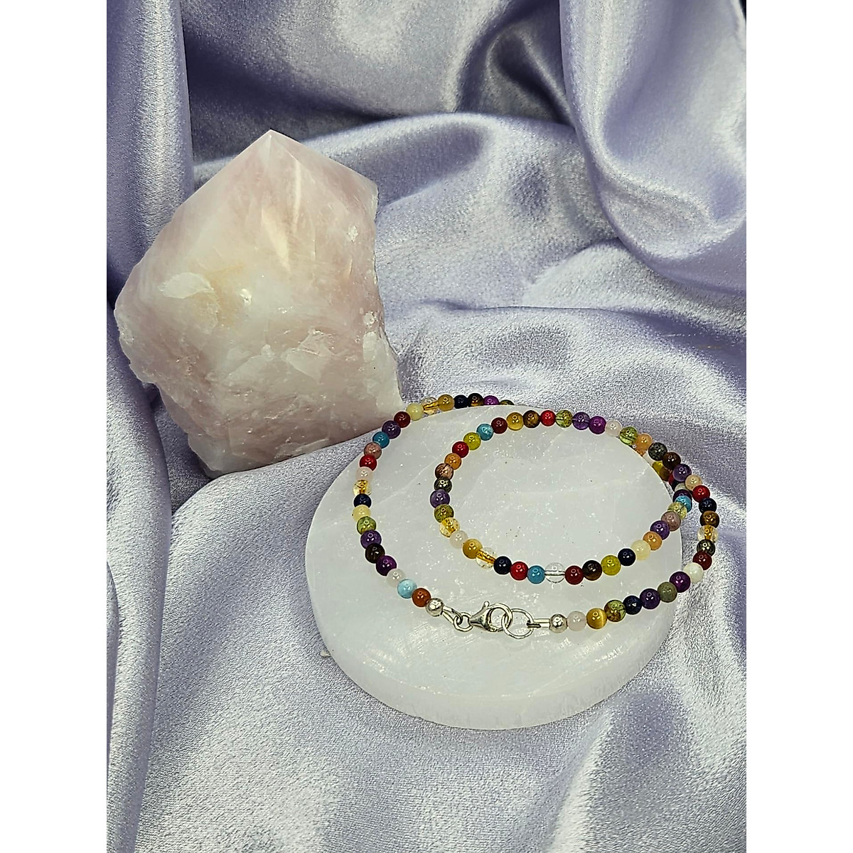 Rainbow Chakra Beaded Gemstone Necklace, Mixed Gemstone Choker, Real Gemstones, Crystal Beaded Choker Necklace, Layering Necklace, Gift for Her Blue 16 Inches