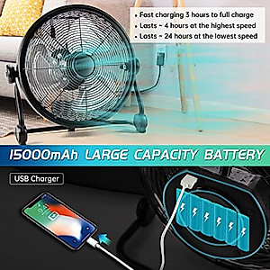 C cuculu Rechargeable Battery Operated Fan, 15000mAh Battery Powered Fan 12'' Cordless Fan with Metal Blade, High Velocity Portable Fan for Garage, Backyard, Camping, Travel.