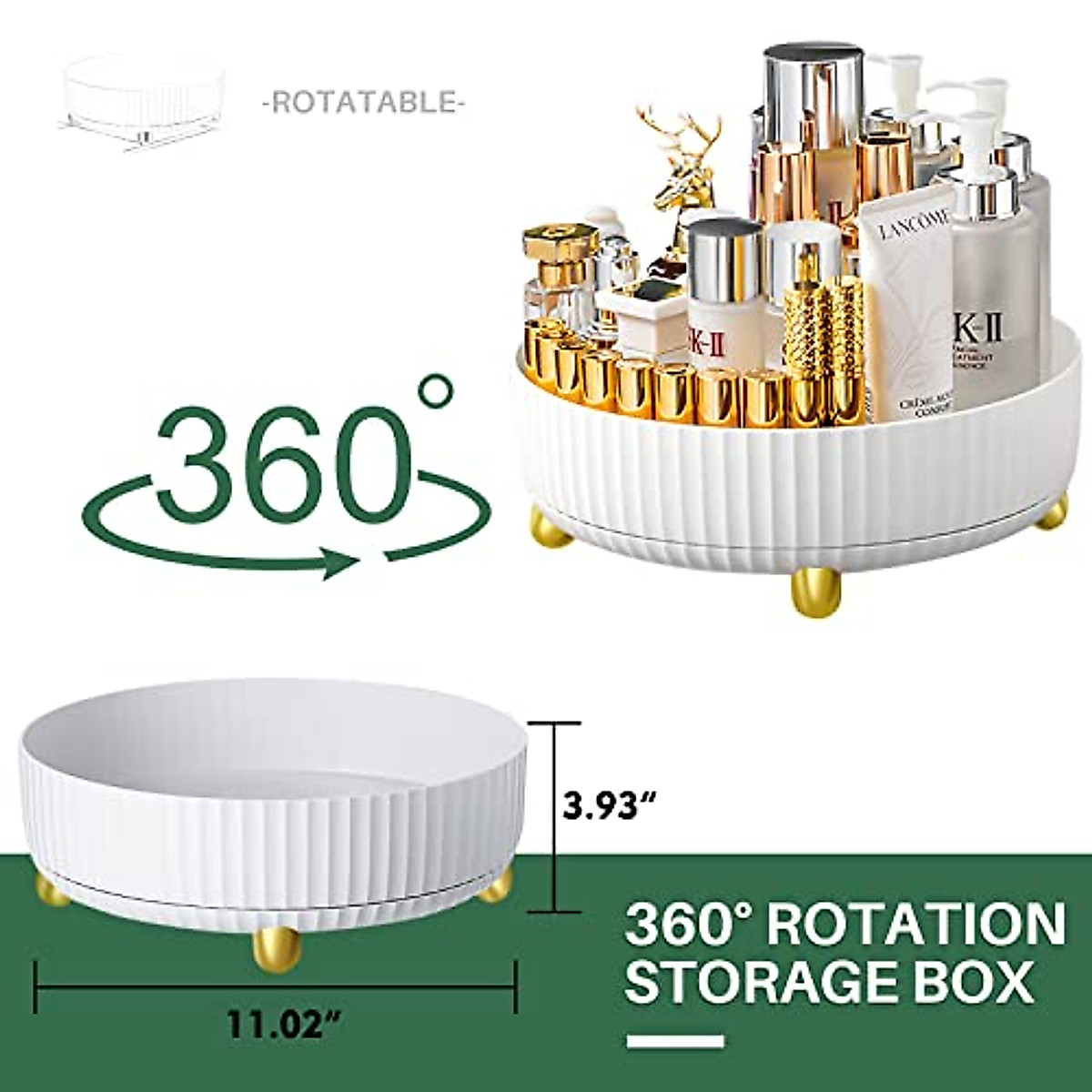360° Rotating Storage Tray, 11.02 inches in Diameter, Cosmetics and Perfume Organizer, Desktop Storage Tray, Cosmetics and Skincare Storage Tray Large Capacity, Large White (11.02"×11.02"×3.93")