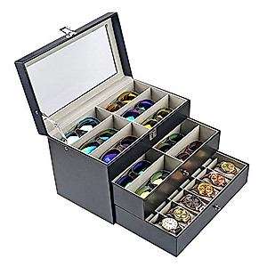 SHZICMY Sunglass Organize Box,3 Layer 12 Slots Multiple Glasses Organizer+12 Slots Watch Organizer,Eyeglass Sunglass Storage Box Display,Black