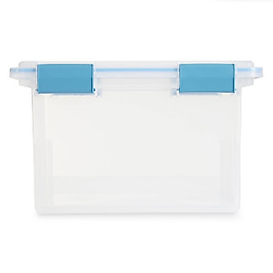 Sterilite 32 Quart Stackable Clear Plastic Storage Tote Container with Blue Gasket Latching Lid for Home and Office Organization, Clear (24 Pack)