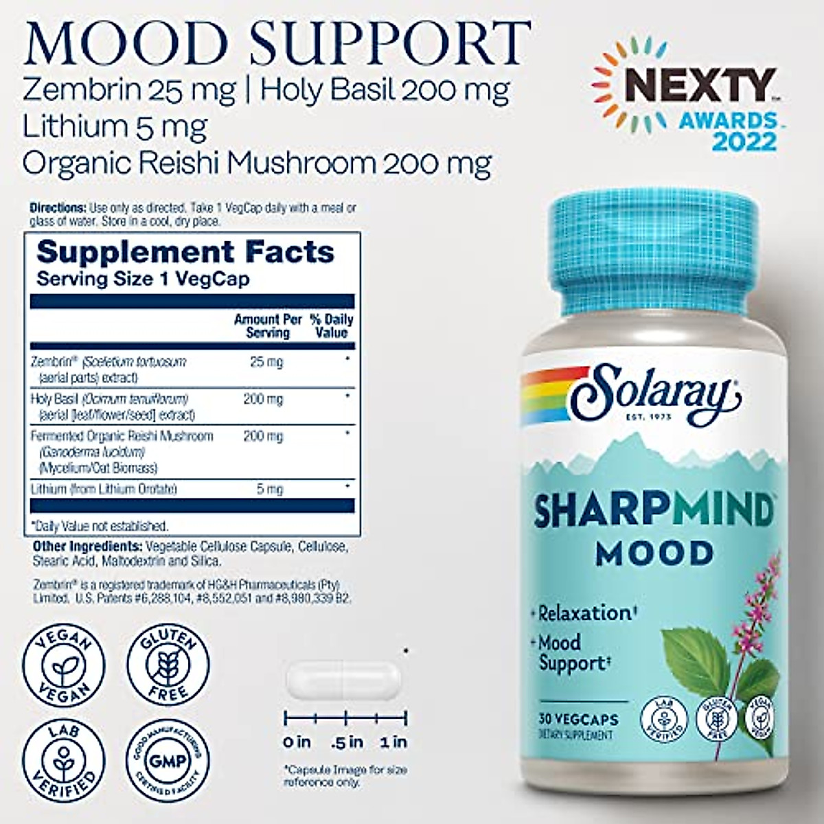 SOLARAY SharpMind Mood Support Supplement, Nootropic for Relaxation and Stress Relief, Zembrin, Holy Basil, Lithium Orotate 5mg, Organic Reishi Mushroom, 60 Day Guarantee, 30 Servings, 30 VegCaps