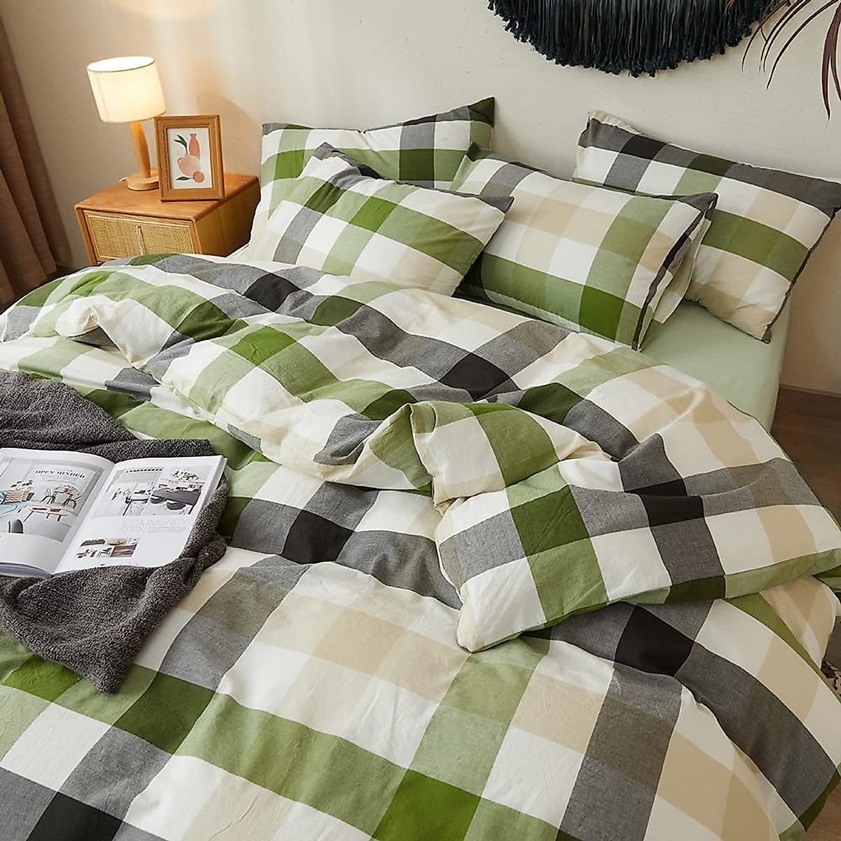 DONEUS 100% Washed Cotton Duvet Cover Queen Size - Green White Plaid Duvet Cover for All Seasons - 3 Pieces Linen Like Soft Comfy Duvet Cover Set with 2 Pillow Shams (Green, Queen, 90"x90")