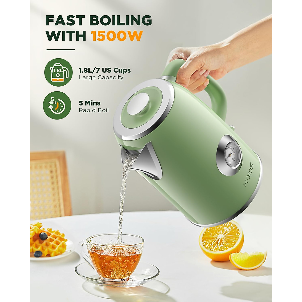 Electric Kettle, 1.8 L Hot Water Boiler Heater with Thermometer, 1500W Retro Electric Tea and Water Kettle with LED Indicator, 100% Stainless Steel, Auto Shut-Off & Boil-Dry Protection, Retro Green