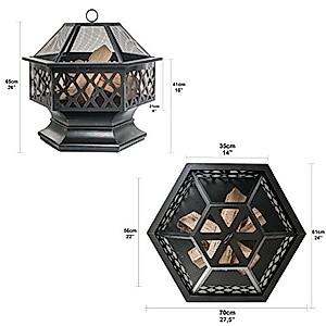 PRISP Outdoor Fire Pit for Garden and Patio, Large Hexagonal Fire Bowl, Includes Spark Guard, Poker and Protective Cover, Black and Bronze, 61 cm Width, 65 cm High - Foyer Extrieur