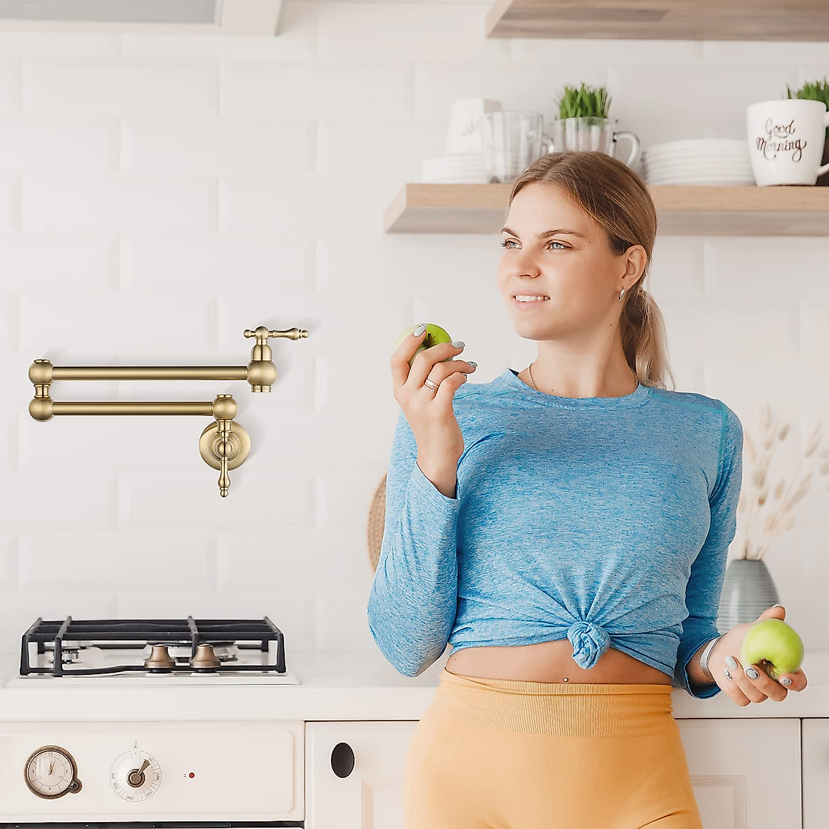 WOWOW Gold Pot Filler Faucet, Wall Mount Copper Folding Faucet 2 Handle with Double Joint Swing Arms, Single Hole Brass Commercial Kitchen Faucet Over Stove