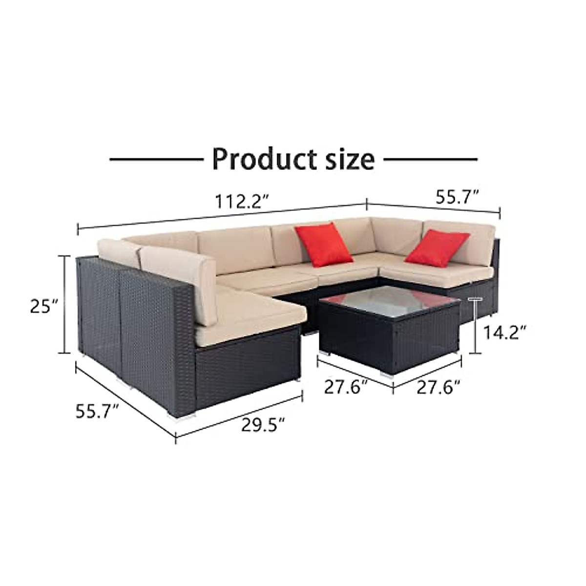 SUNCROWN 7-Piece Outdoor Sectional Sofa Couch - PE Rattan Wicker Modular Patio Furniture Conversation Set with Glass Coffee Table and Furniture Cover - Beige