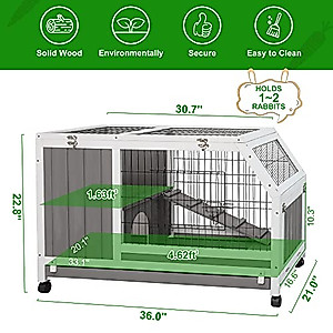 Gowoodhut Rabbit Cage On Wheels Outdoor Rabbit Hutch with Ramp, Pull Out Tray Indoor Wooden Guinea Pig House Bunny Hutch for for 1-2 Rabbit Guinea Pig Hedgehogs （GREYWHITE）