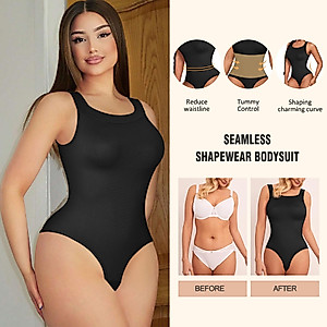 Irisnaya Seamless Shapewear Tummy Control Bodysuit Sleeveless Round Neck Body Shaper Cami Jumpsuit Tank Top One Piece Leotard (X-Large, Black)