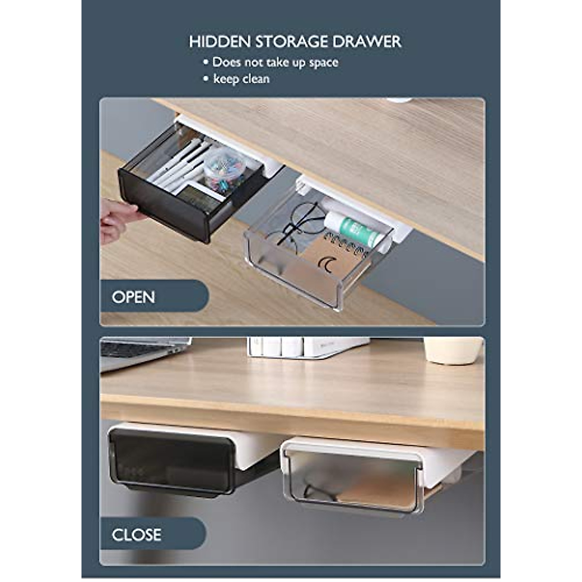 COZYWELL Under Desk Storage Drawer, Pack of 2PCS Attachable Desk Drawer Slide-out, Self-Adhesive Under Desk Organizer Table Storage for Stationery Home Office Organization