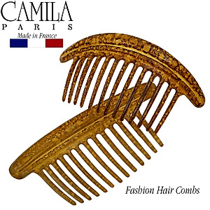 Camila Paris CP3329 French Hair Side Combs Amber Interlocking Combs French Twist Hair Combs, Strong Hold Hair Clips for Women Bun Chignon, Up-Do Styling Girls Hair Accessories Made in France
