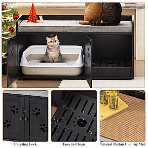 Recaceik Cat Litter Box Enclosure with Mat, Hidden Cat Washroom Furniture with Litter Catcher Box, Wooden Cat House with Door Indoor Cat Cabinet Fit Most Litter Box