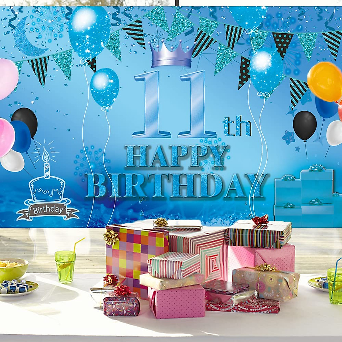 Happy 11th Birthday Backdrop Banner Blue 11th Sign Poster 11 Birthday Party Supplies for Anniversary Photo Booth Photography Background Birthday Party Decorations, 72.8 x 43.3 Inch