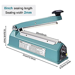 Suteck 8 inch Impulse Bag Sealer, Manual Poly Bag Sealing Machine w/Adjustable Timer Heat Seal with 50Pcs 4X6 Inch Shrink Wrap Bag and 2 Free Replacement Kit