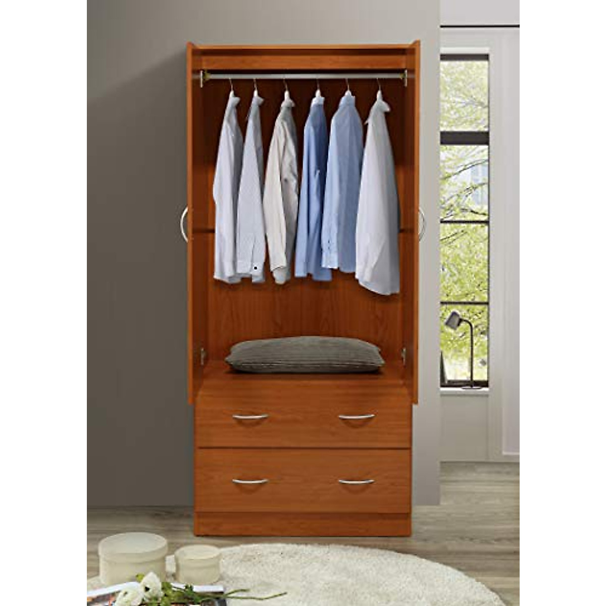Hodedah Two Door Wardrobe with Two Drawers and Hanging Rod plus Mirror, Cherry