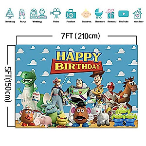 7x5ft Toy Story Theme Happy Birthday Party Photography Backdrops Blue Sky White Clouds Indoor Banner Kids Birthday Party Photo Background Cake Table Decoration Supplies Studio Booth Props