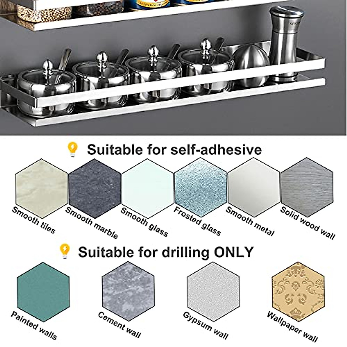 Bathroom Shower Stainless Steel Shelf SUS304 Self-Adhesive/Screws Drilling 11.8" Rectangular Storage Organizer Shelves Wall Mounted Bath Shower Shelf Brushed Finish for Bathroom, Washroom, Kitchen