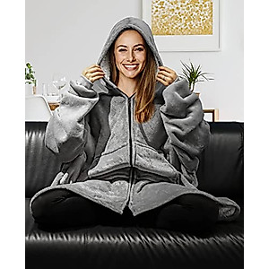 Wearable Blanket Hoodie for Women Men, Blanket Hoodie with Zip and Big Pockets, Oversized Sweatshirt Adult, One Size Fits All