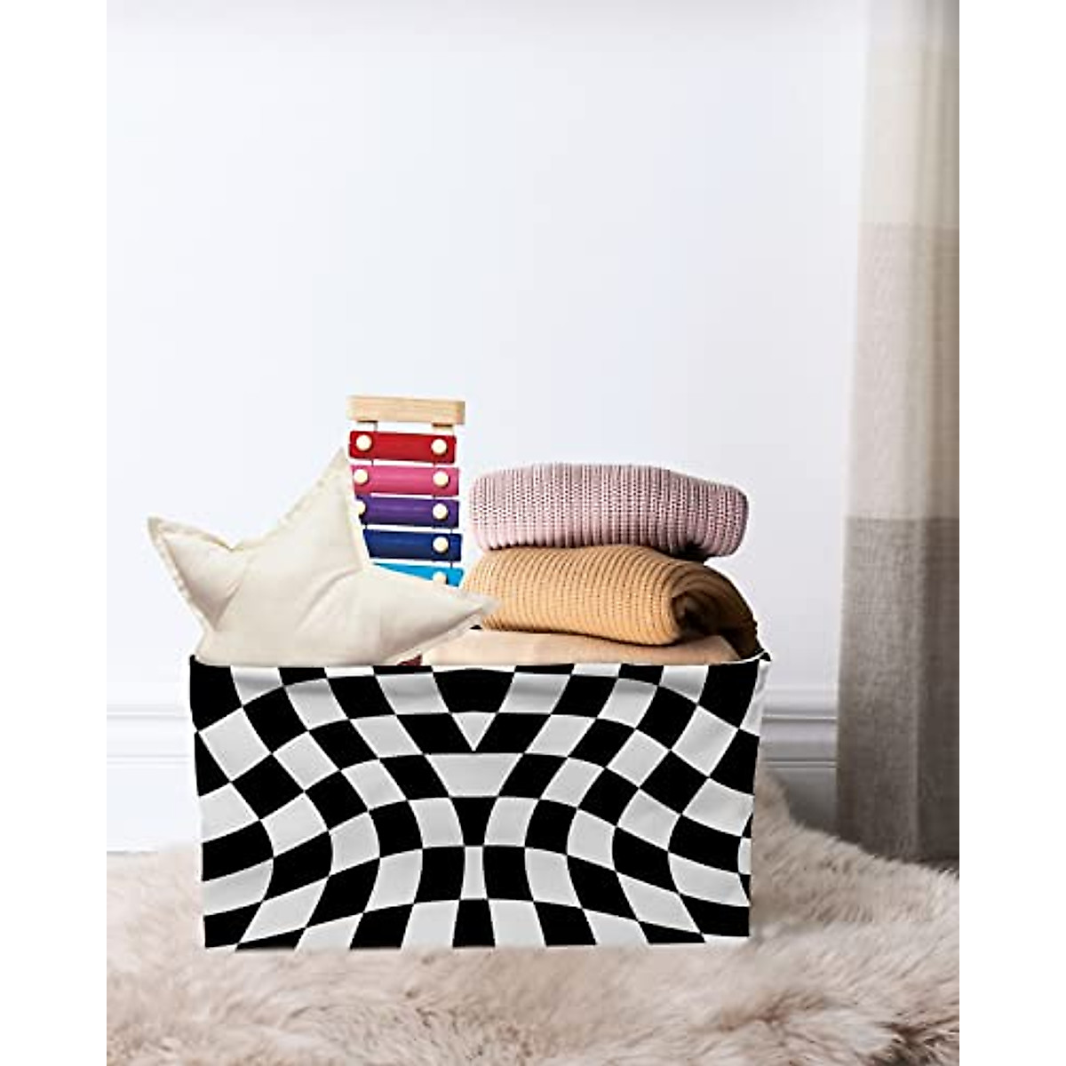 Black and White Checkered Storage Basket Waterproof Cube Storage Bin Organizer with Handles, Modern Irregular Geometric Collapsible Storage Cubes Bins for Clothes Books Toys 15"x11"x9.5", 2 Pcs