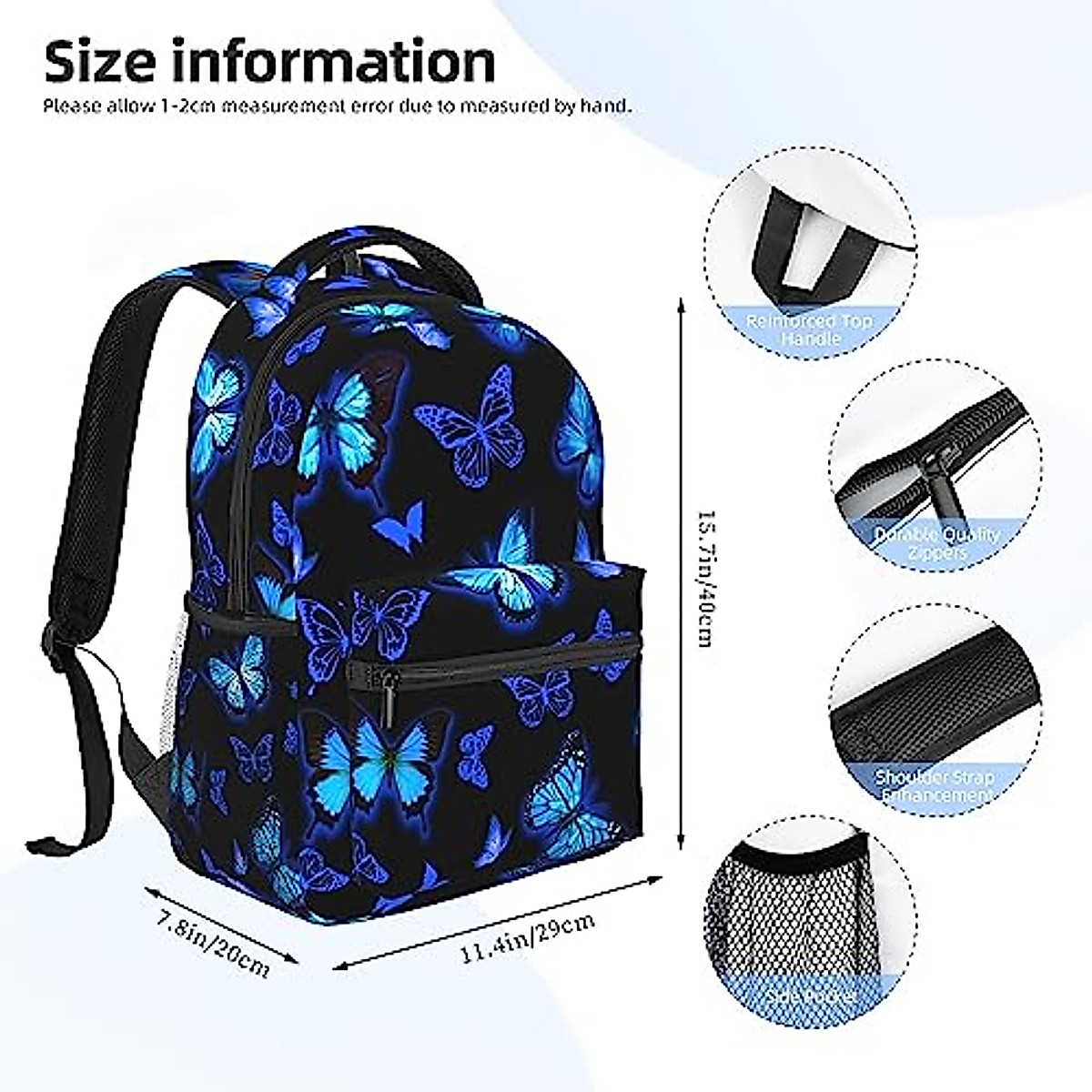 HURJIAA Butterfly Backpack Casual Canvas Backpacks Blue Butterfly Bookbag Laptop Daypack For Toddler Teen Boys Girls Women Men Gifts