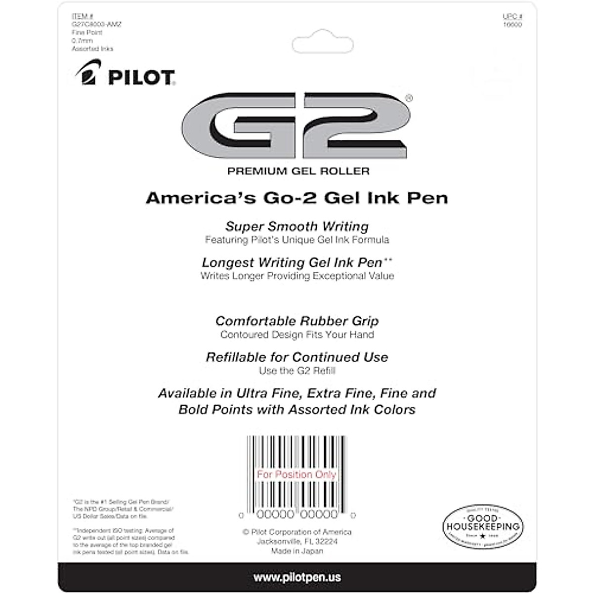 Pilot, G2 Premium Gel Roller Pens, Fine Point 0.7 mm, Blue, Black, Red, Pack of 8