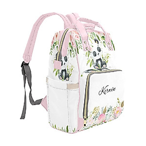 SunFancy Personalized Pink Flower Panda Bamboo Diaper Backpack with Name Text Large Capacity Custom Multi-Function Bag Unisex Travel Backpack for Mom Dad Boy Girl