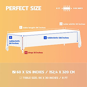 WEALUXE White Table Cloths for 8 Foot Rectangle Tables, 2-Pack, 60x126 inches, Water, Stain and Wrinkle Resistant, 200 GSM Washable Poly Fabric Tablecloths Rectangular, Elegant and Durable