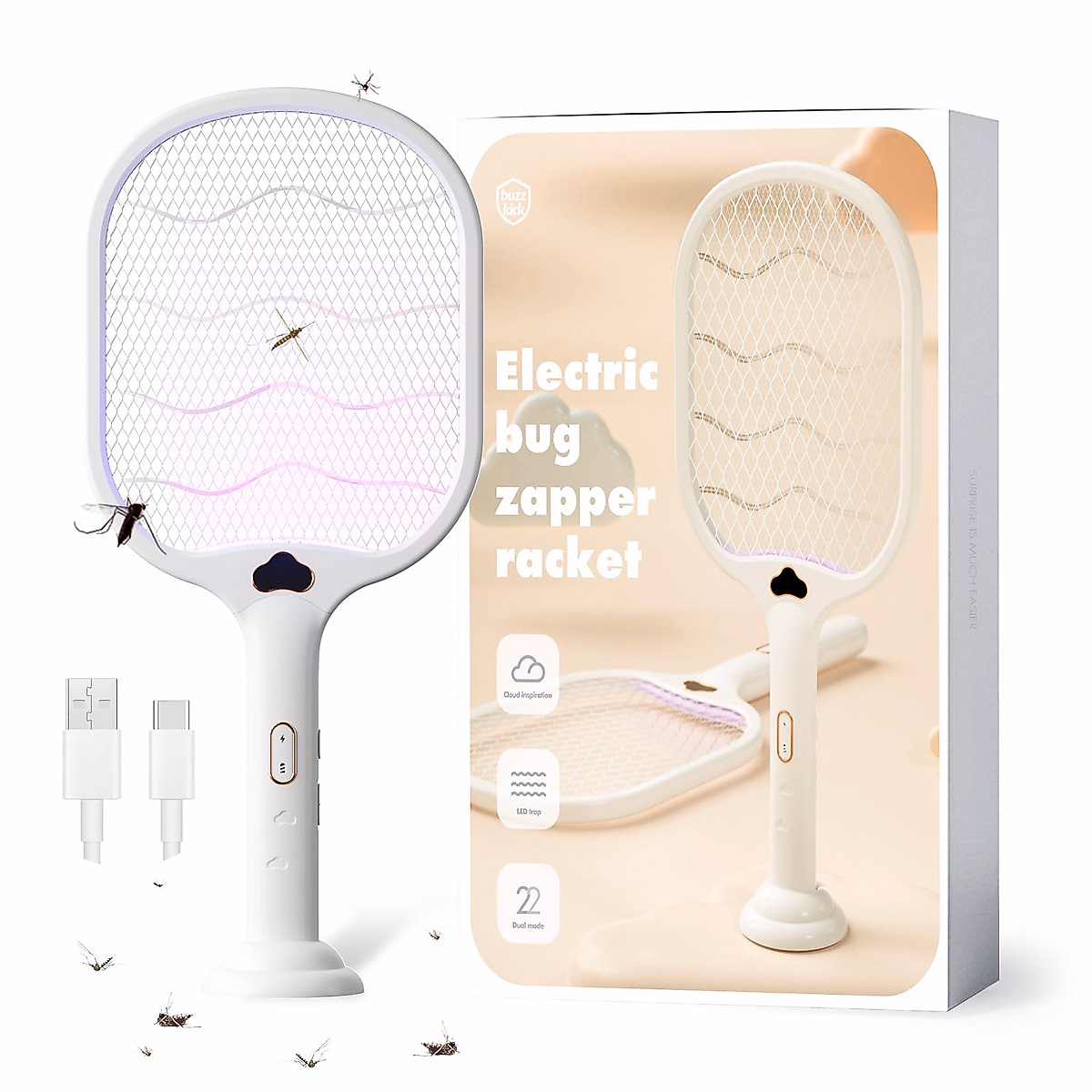 Electric Fly Swatter Racket 3500V buzzkick Bug Zapper Racket Dual Modes Mosquito Killer with Purple Mosquito Light Rechargeable for Indoor Home Office Backyard Patio Camping