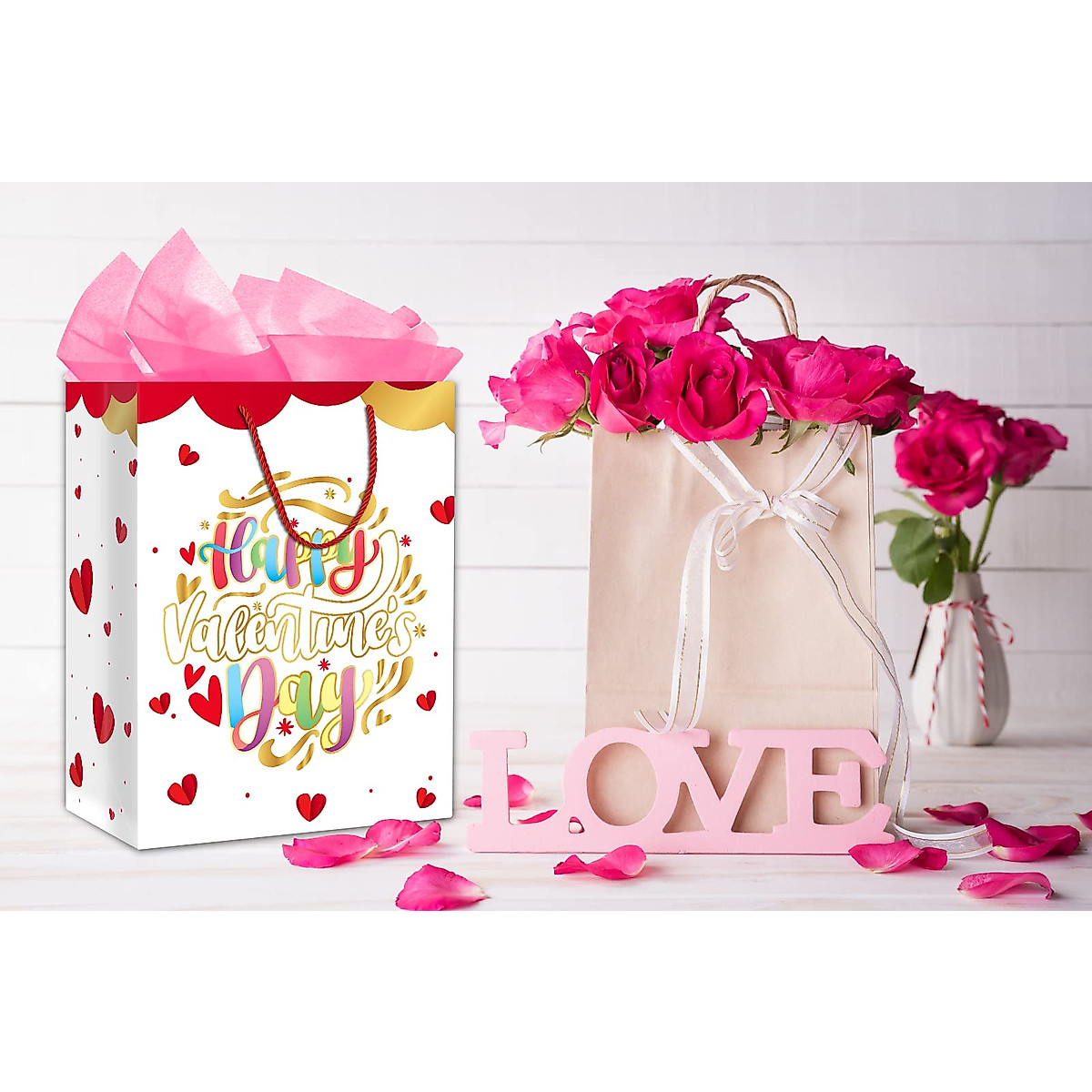 FLYAB Happy Valentines Day Gift Bag with Handle 11.5"x9"x5" Valentines Gift Bag with Tissue Paper Romantic Valentines Anniversary Wedding Gift Bags for Her Him Girlfriend Boyfriend Wife Husband Women