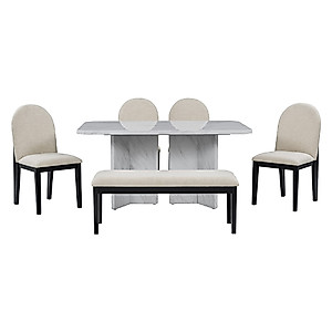 BIADNBZ Modern Style Dining Table Set for 6 with Faux Marble Tabletop and 4 Upholstered Chairs & 1 Bench, 6-Piece Family Kitchen Furniture, White
