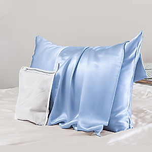 PROMEED Natural 23 Momme Silk Toddler Pillowcase for Baby Hair and Skin, Fits Pillow 13x18, Both Sides 100% Mulberry Silk Baby Travel Pillow Cases with Laundry Bag (Toddler/Travel-13 x18, Light Blue)